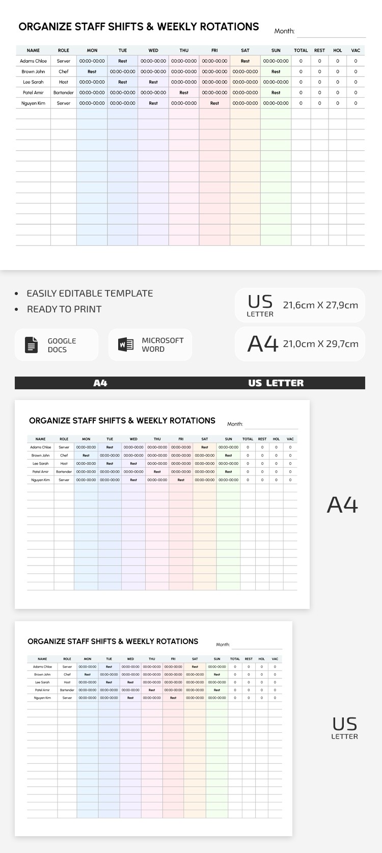 Free Printable Restaurant Schedule Template – Organize Staff Shifts ...