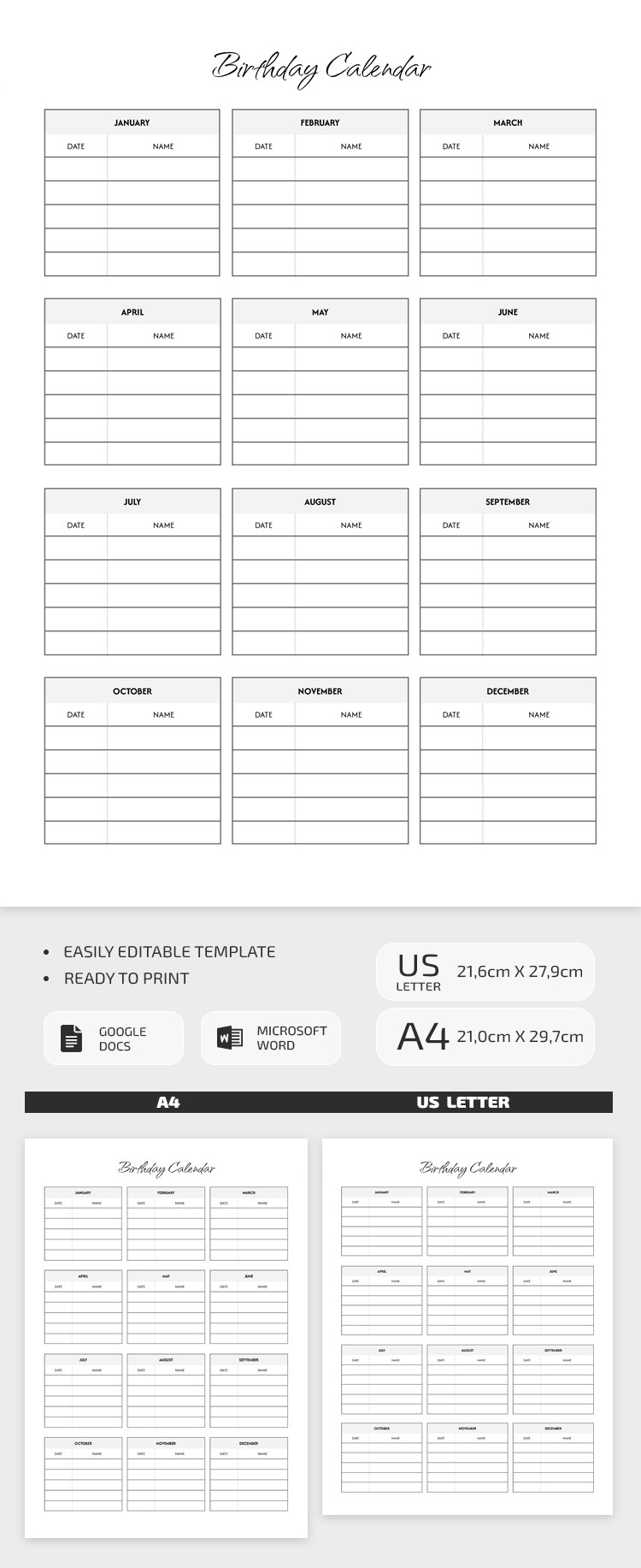 Free Printable Simple Office Birthday Calendar Template in Google Docs ...