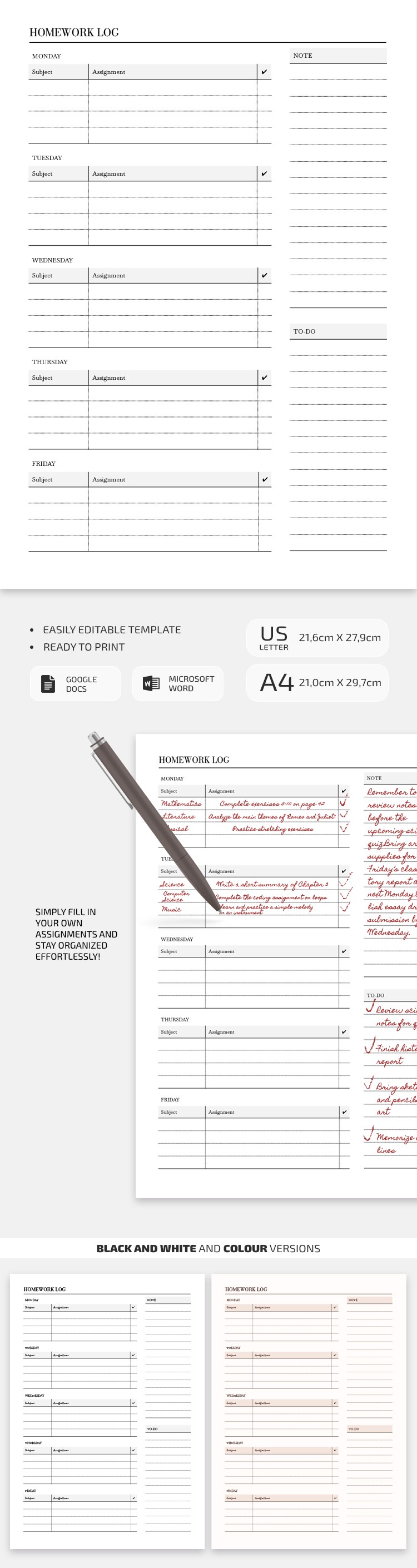 Printable Homework Planner For College Students Template Business Psd