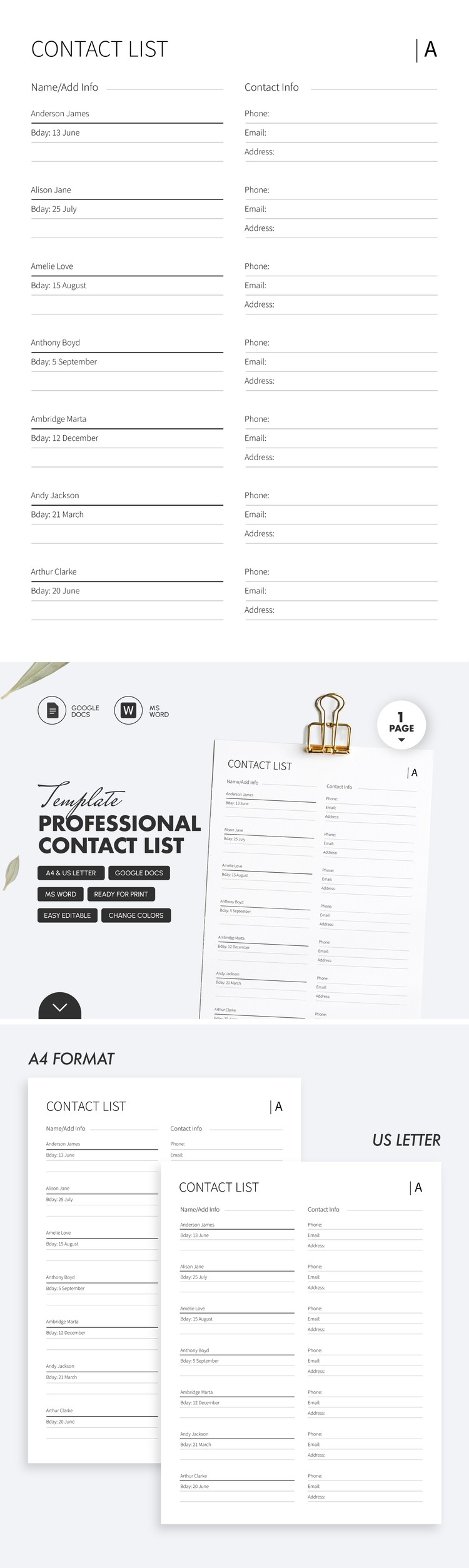 Free Professional Contact List Template in Google Docs and Microsoft ...