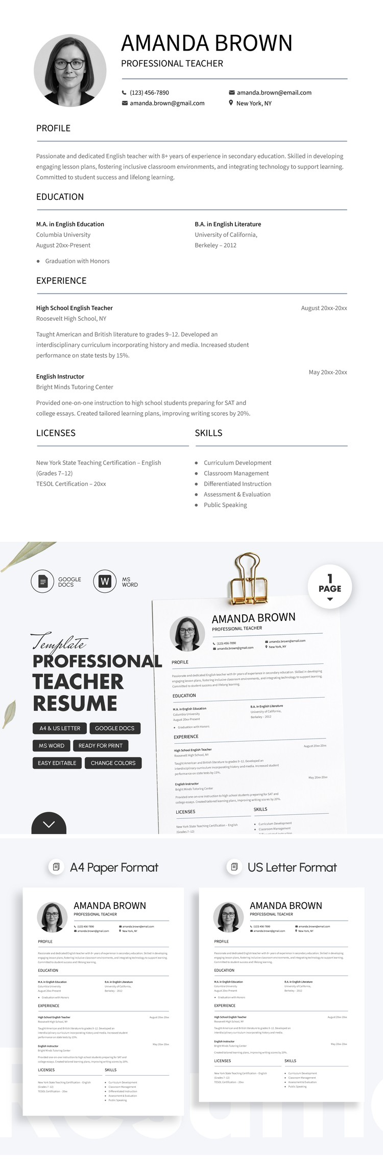 Free Professional Teacher Resume Template For Job Applications Template in Google Docs and ...