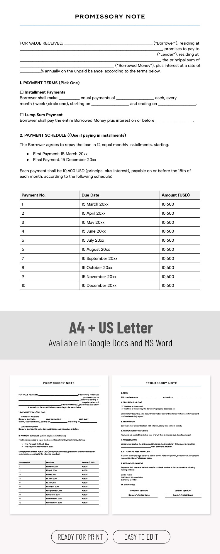 Free Promissory Note Template with Payment Schedule Template in Google ...