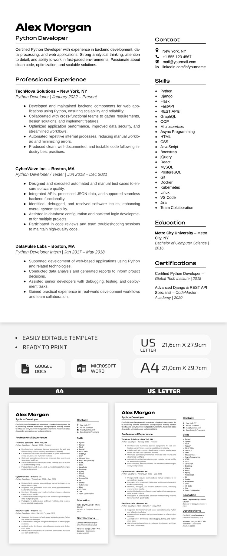 Free Python Developer Resume Template in Google Docs and Microsoft Word ...