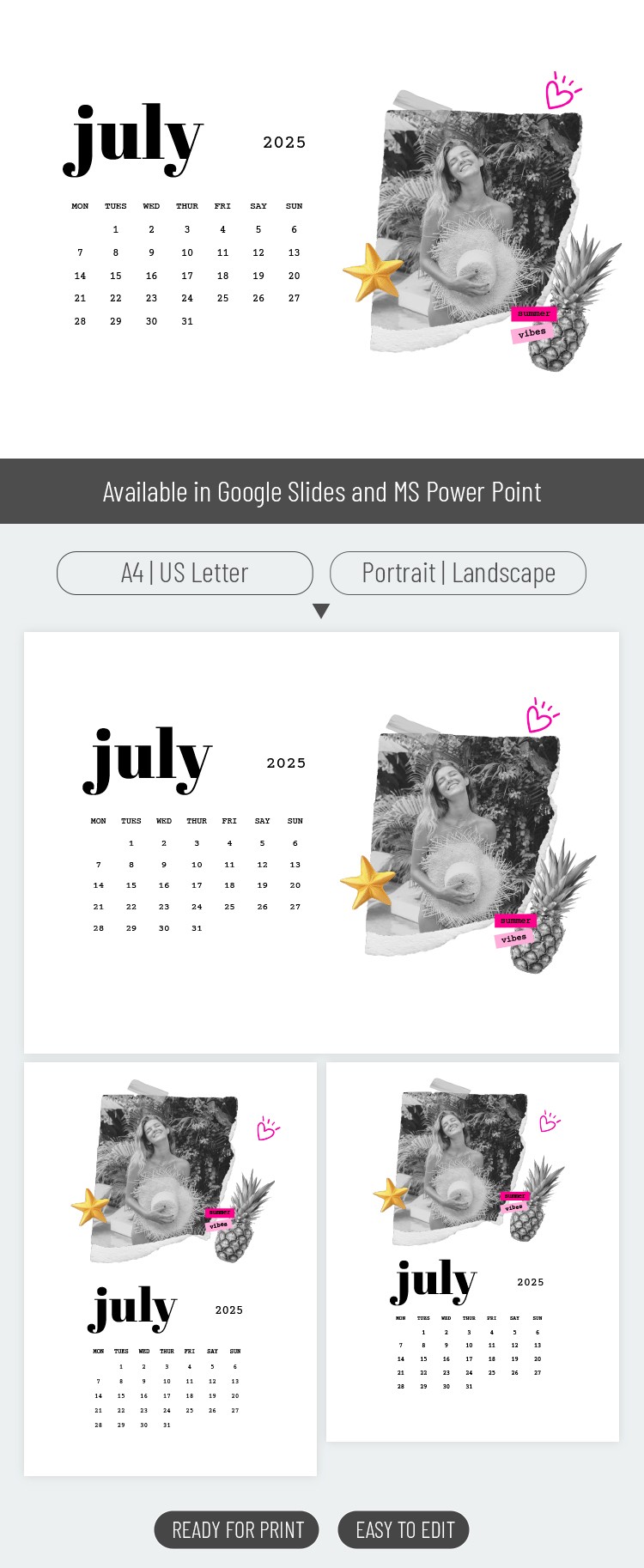 Free Scrapbook Photo Collage July Calendar Template in Google Slides ...