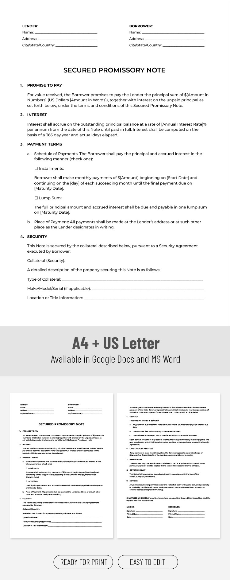 Free Secured Promissory Note Template in Google Docs and Microsoft Word ...