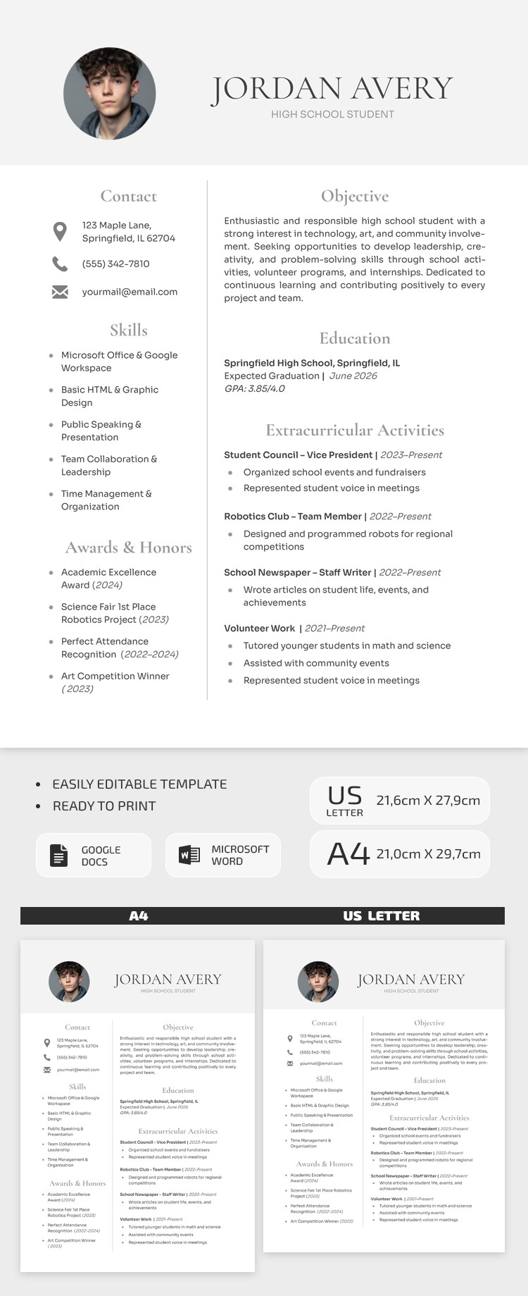 Free High School Student Resume Template in Google Docs and Microsoft ...
