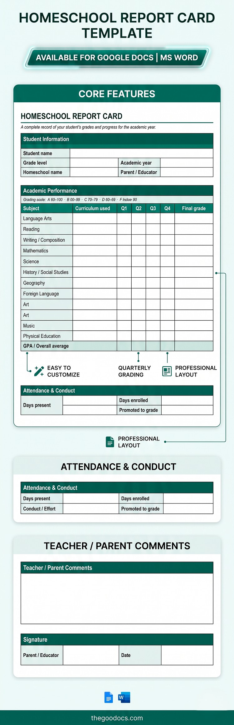 Free Homeschool Report Card Template in Google Docs and Microsoft Word ...