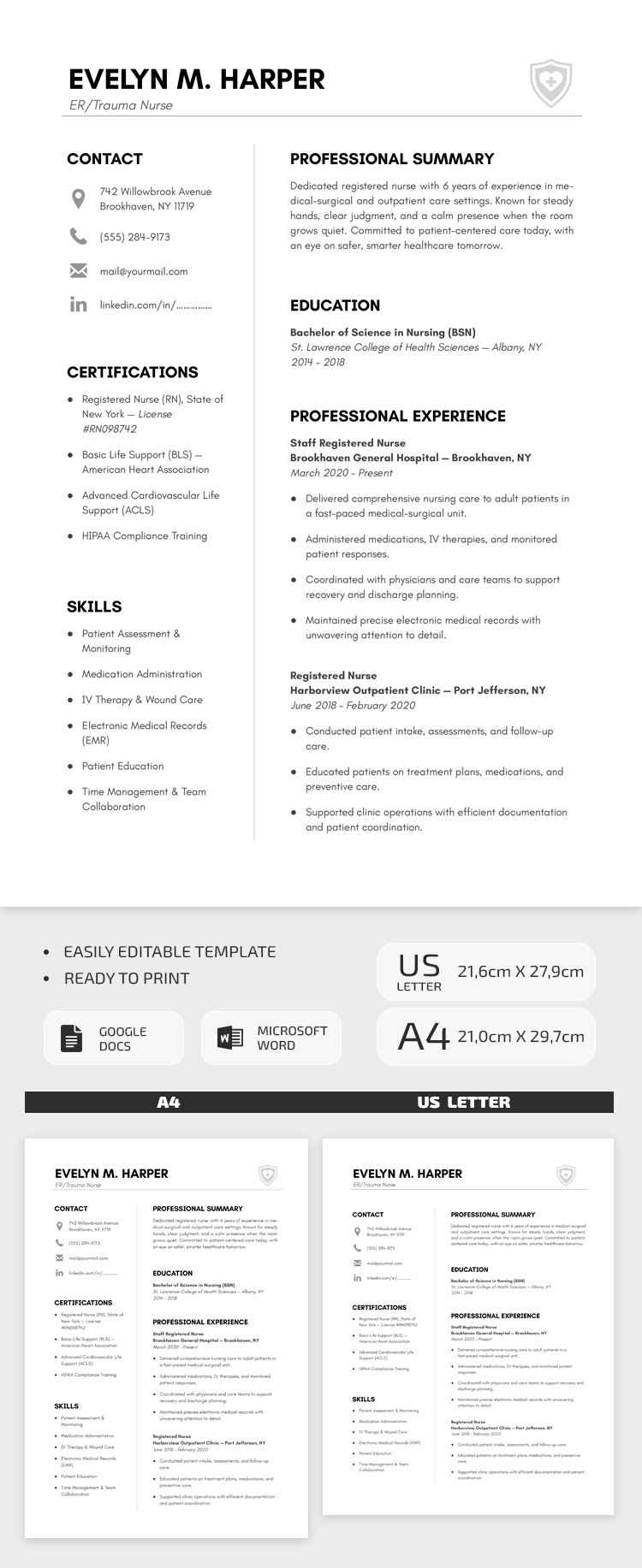 Free Simple Nurse Resume Template in Google Docs and Microsoft Word ...