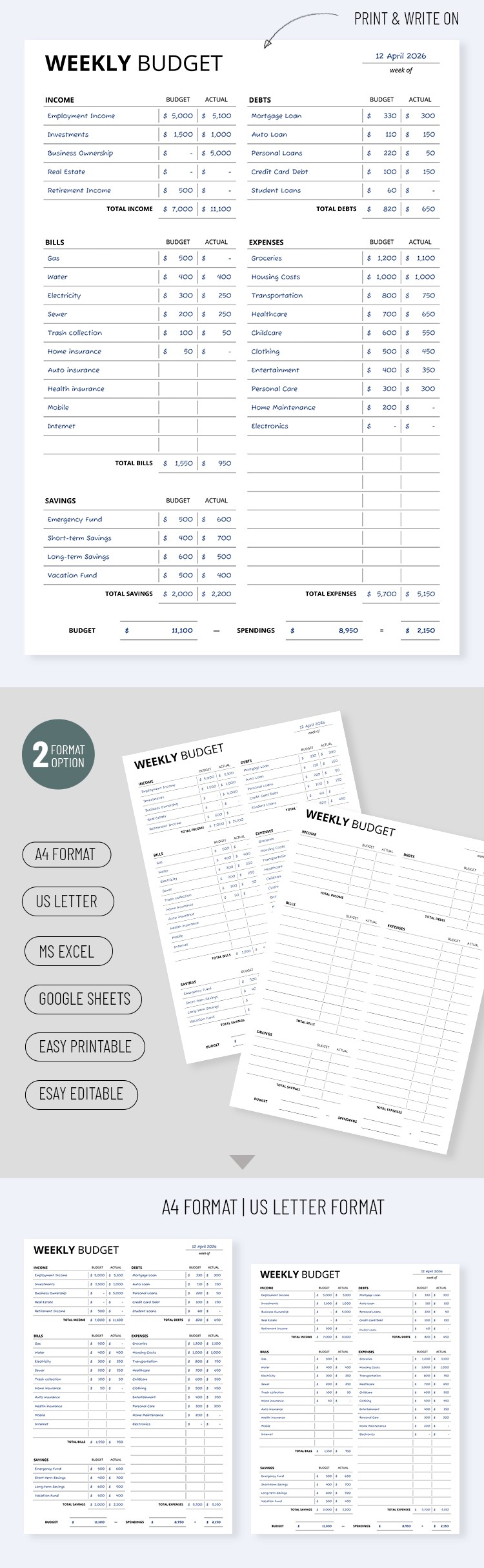 Free Personal Weekly Budget Planner – Editable & Printable Template in ...