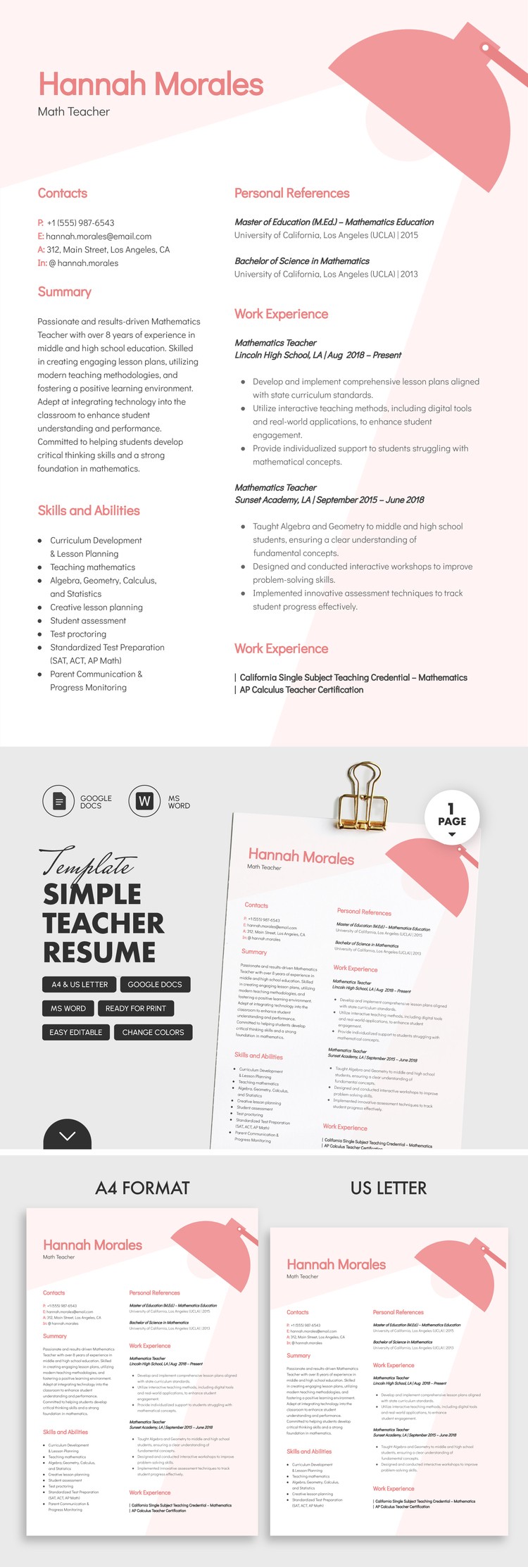Free Simple Teacher Resume Template in Google Docs and Microsoft Word ...