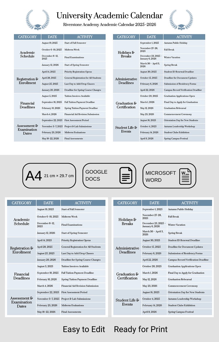 Free University Academic Calendar Template 2025–2026 Template in Google ...