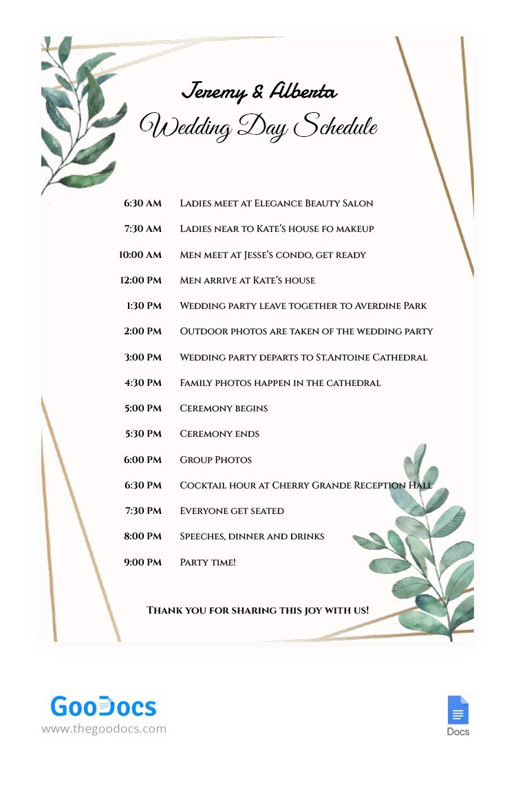 Free Wedding Day Schedule Template In Google Docs Free Wedding Day Schedule Template In Google Docs