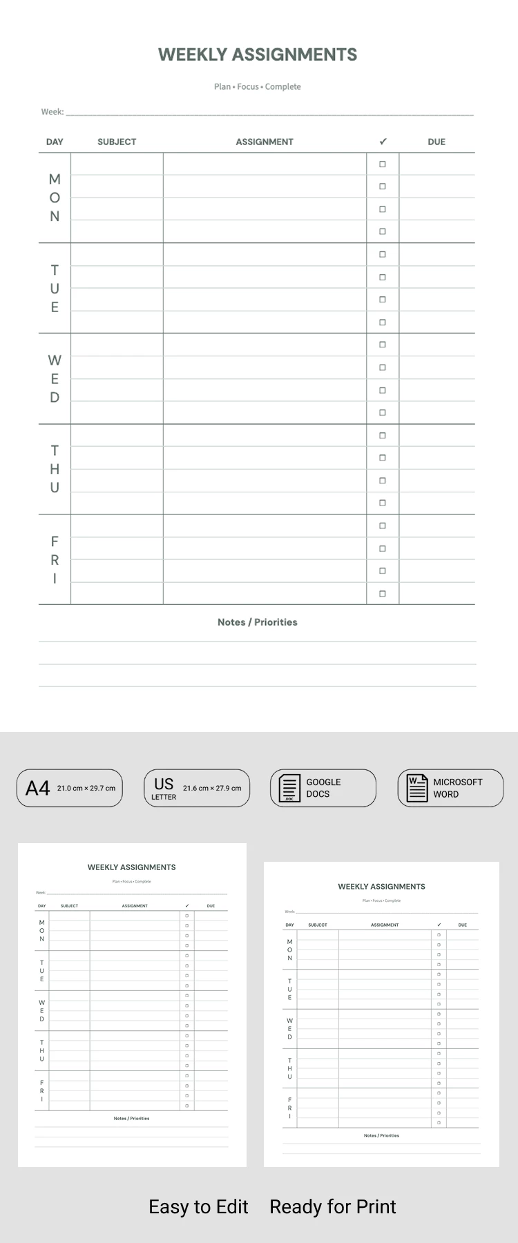 Free Weekly Assignment Template | thegoodocs.com