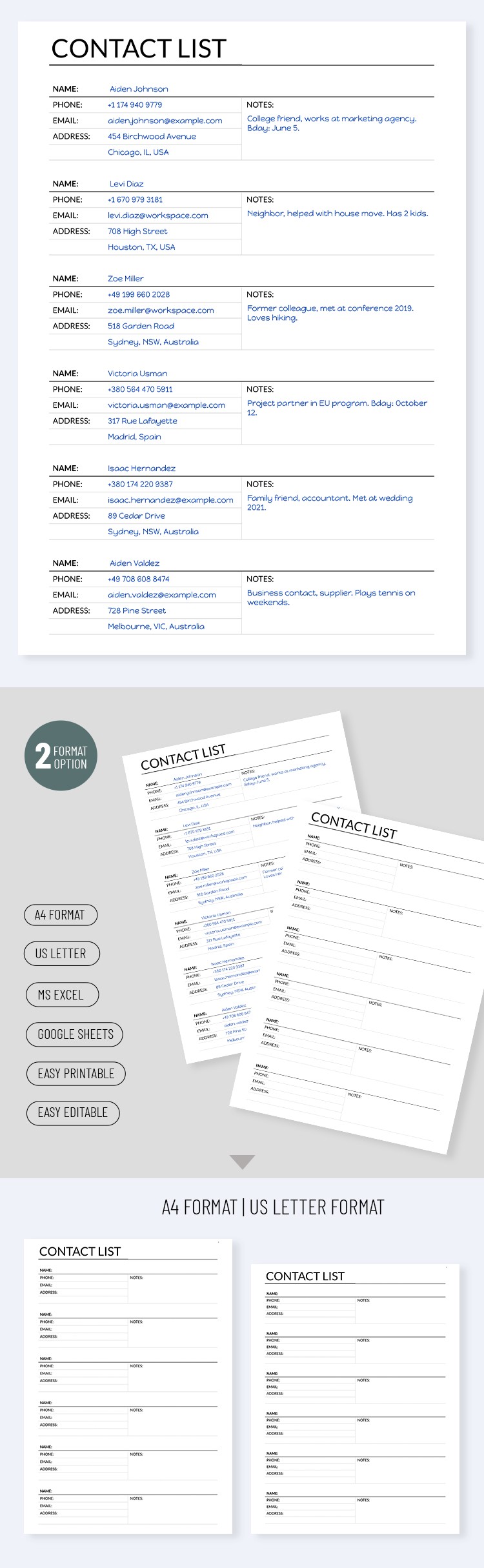 Free Printable Contact List Template in Google Sheets and Microsoft ...