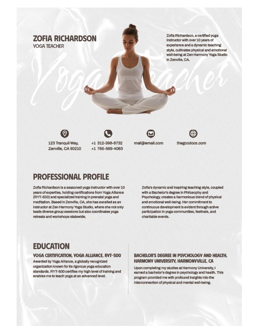 Free Currículo de professor de yoga Modelo em Google Docs and Microsoft ...