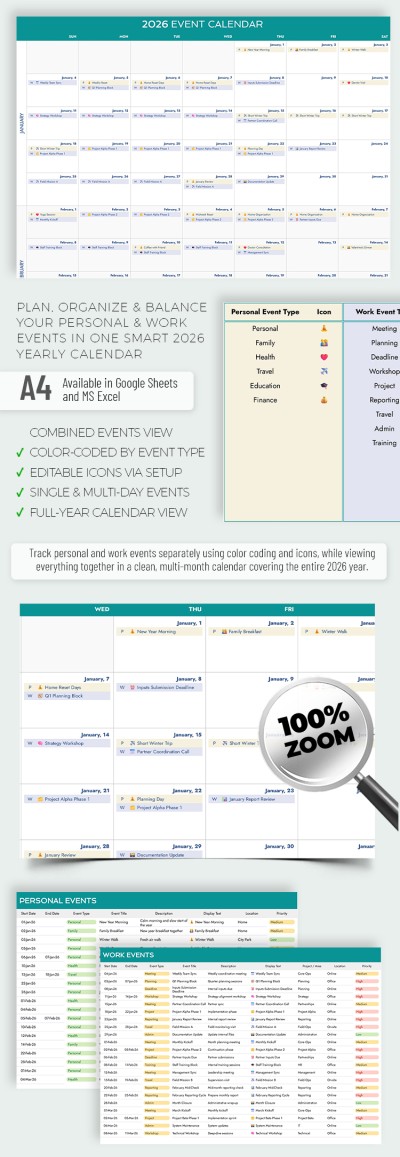 2026 Event Calendar Template for Personal & Work Events Template in ...