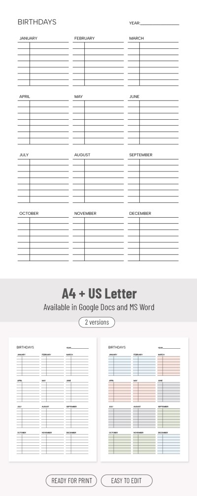 Free Geburtstagskalendervorlage – Druckbarer jährlicher ...