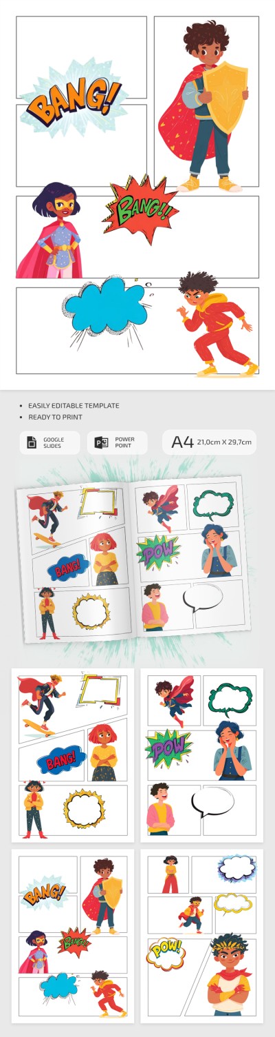 Free Blank Comic Strip Template with Characters In Google Slides