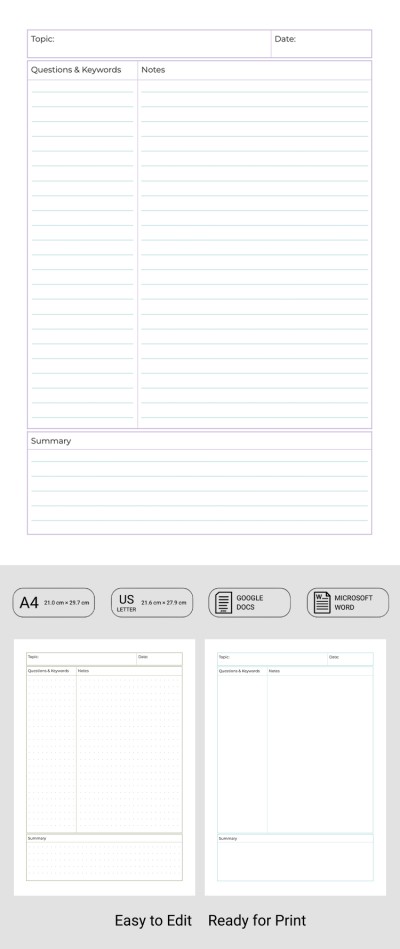 Free Modèle Cornell Notes vide Modèle dans Google Docs and Microsoft ...