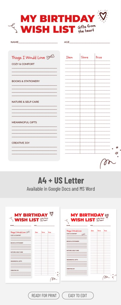 Free Cute Birthday Wish List Template in Google Docs and Microsoft Word ...