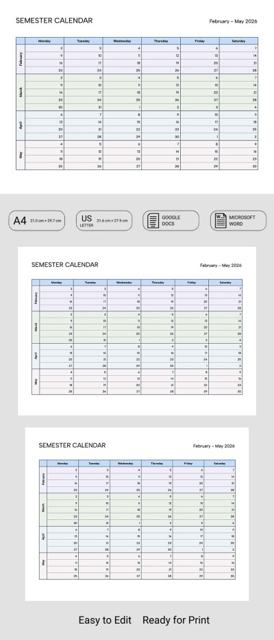 Free Editable Academic Calendar Template – Semester Schedule Template ...