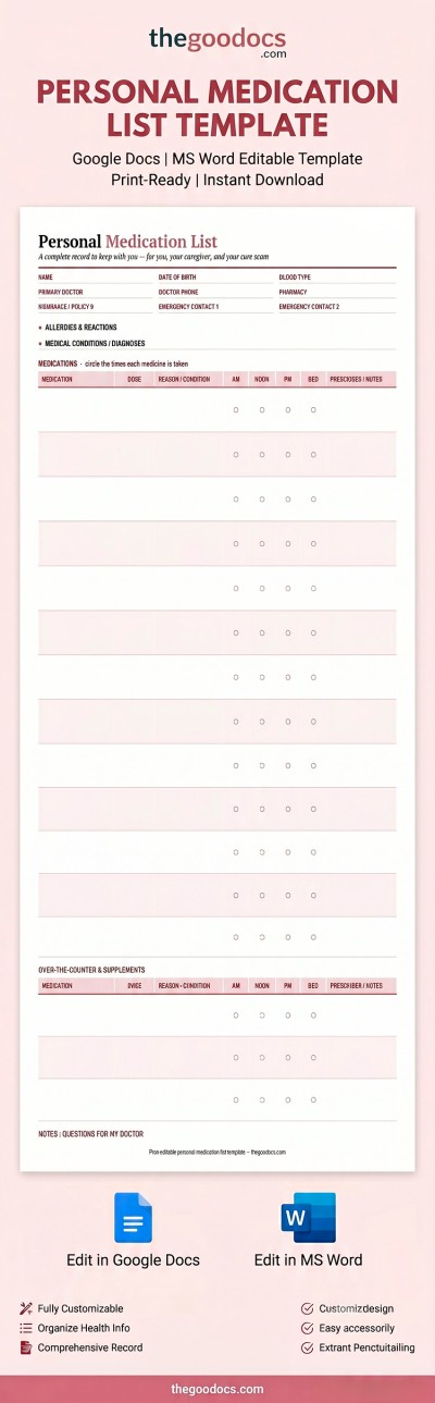 Free Personal Medication List Template in Google Docs and Microsoft ...