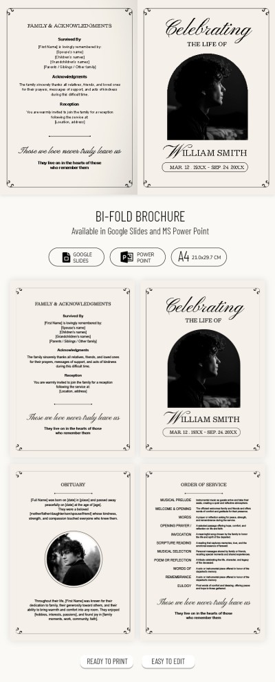 Free Printable Funeral Brochure Bi-Fold Template in Google Slides and ...