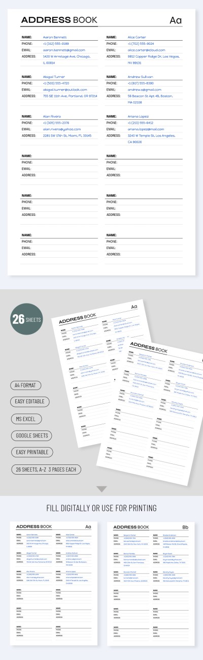 Free Simple Address Book Template in Google Sheets and Microsoft Excel ...
