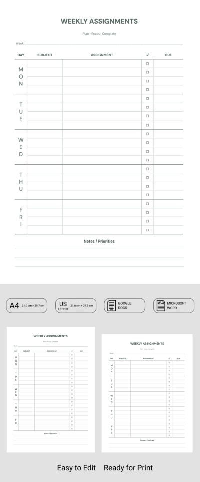 Free Weekly Assignment Template | thegoodocs.com