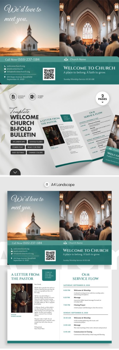Free Welcome Church Bifold Bulletin Template in Google Slides and ...