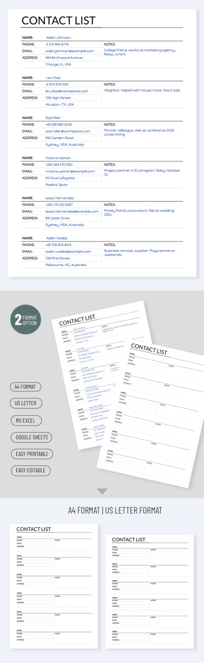Free Druckbare Kontaktliste Vorlage Vorlage in Google Sheets and ...